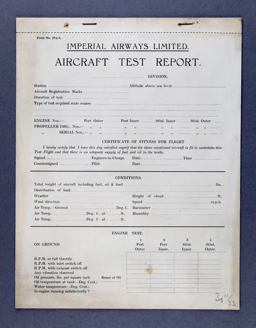 IMPERIAL AIRWAYS AIRCRAFT Test Report Airline Form Staff £99.95 ...