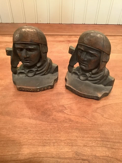 PAIR VINTAGE CHARLES Lindbergh Cast Bronze Bookends/original Felt ...