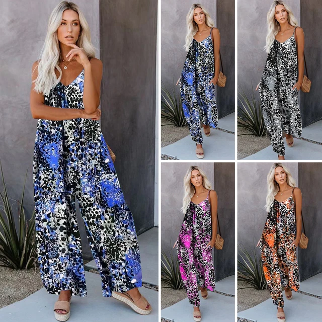 BIB OVERALLS BACKLESS Versatile Leopard Print Wide Leg Sling Romper ...