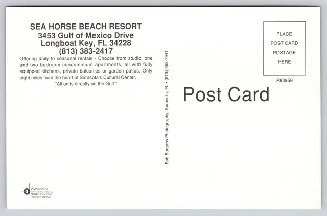 SEA HORSE BEACH Resort Longboat Key Florida Bob Burgess Chrome Postcard ...