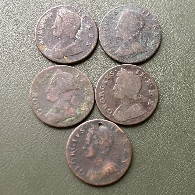 GEORGE II HALF Penny Coins (5) 1739 1740 1731 1744 US Colonial Copper ...