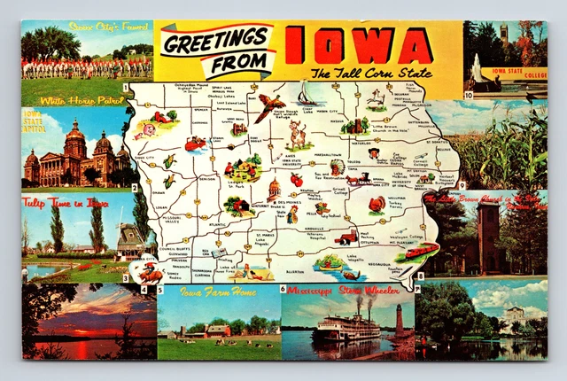 PICTORIAL STATE MAP Multi-View Tourist Attractions Greetings Iowa IA ...