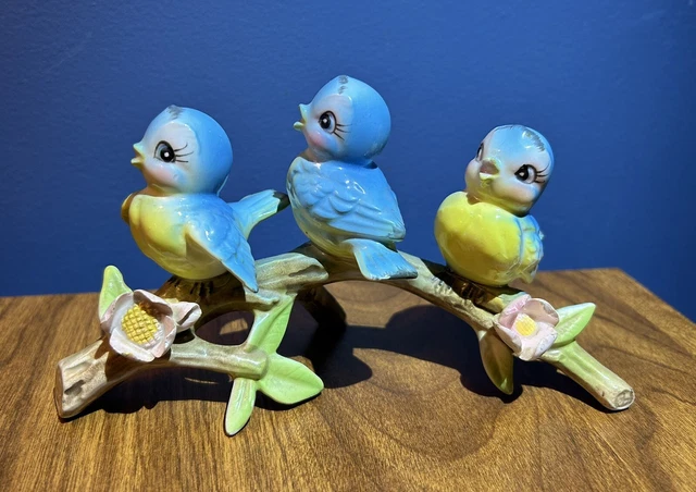 VTG NORCREST JAPAN Anthropomorphic Three Blue Birds on Branch Repaired ...
