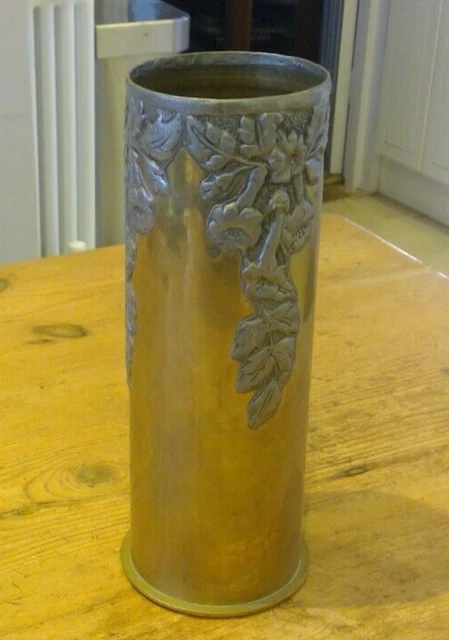 WW1 TRENCH ART Decorated with Silvered Flowers & Leaves / Brass Shell ...
