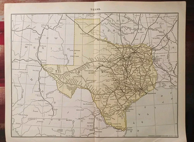 1890 TRAIN ROUTE Map of TEXAS all Railroad Lines Stations and Towns 9 ...