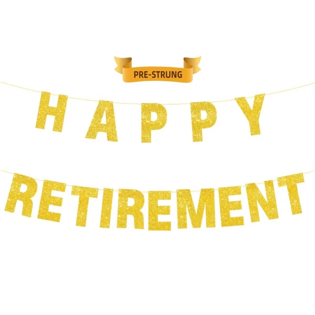 HAPPY RETIREMENT BANNER, Pre-Strung, Gold Glitter Retirement Party ...