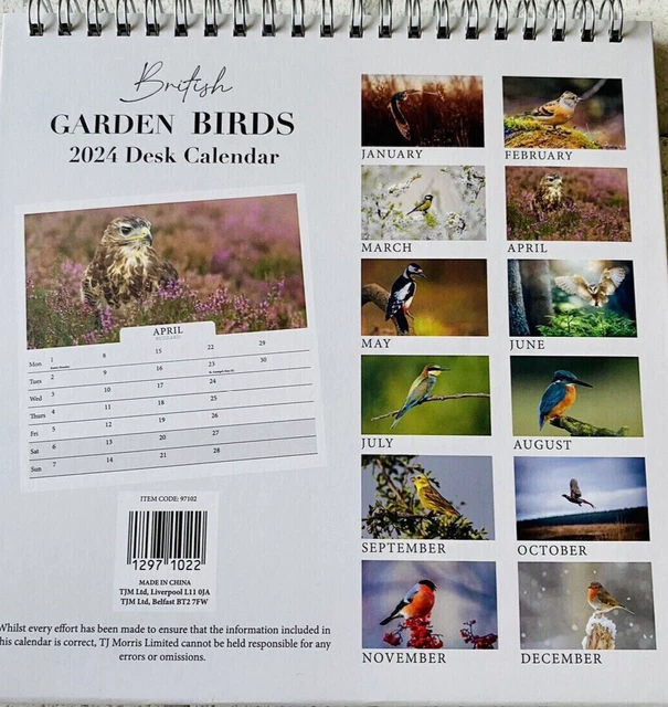 DESK TOP CALENDAR 2024 ‘Birds of Britain' Garden Free-Standing Spiral ...