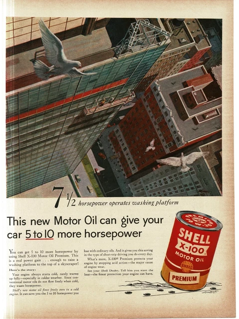 1956 SHELL X-100 Motor Oil Print Ad Skyscraper Window Washers art ...