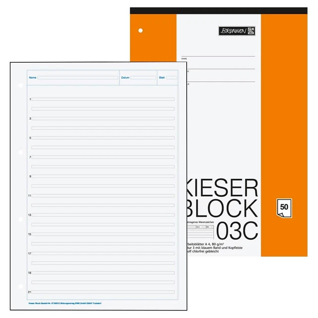 BRUNNEN ARBEITSBLOCK KIESERBLOCK gelocht DIN A4 liniert Lineatur 03C ...