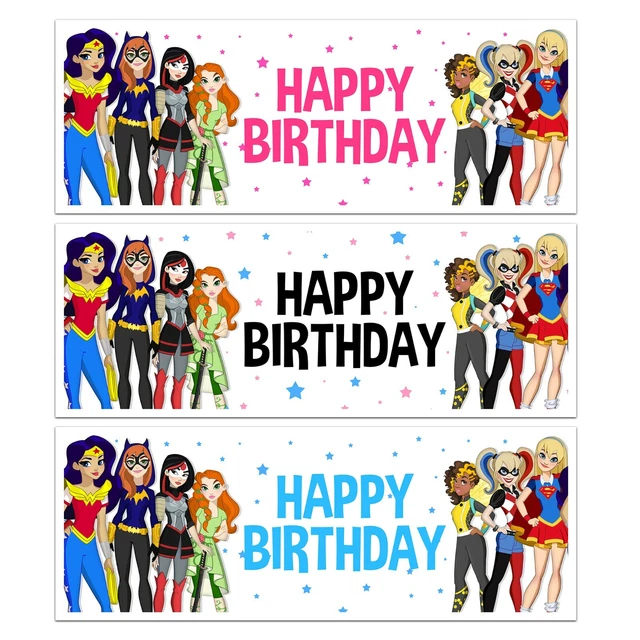 GIRLS SUPER HERO Happy Birthday Banner Wonder Woman Super Girl Harley ...