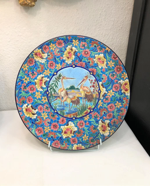 GRAND PLAT ROND en émaux de LONGWY estampillé 35 cm Signé Plateau Tarte ...