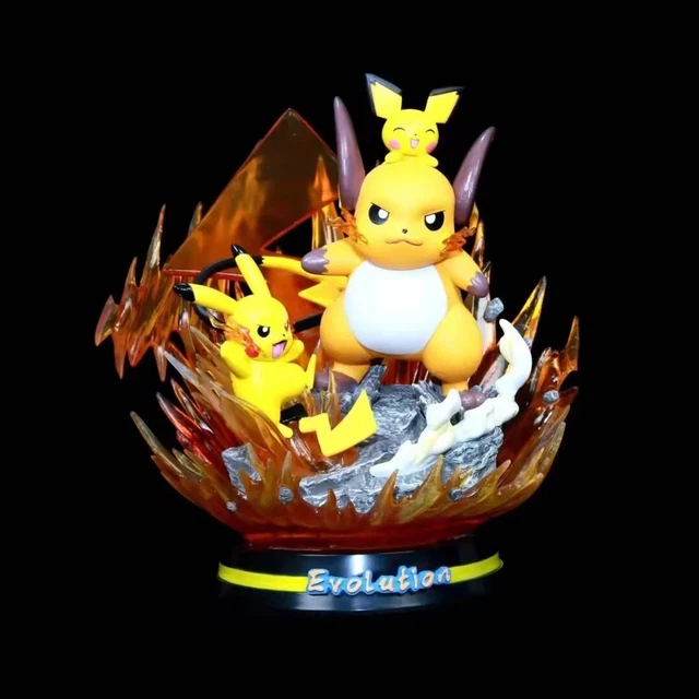 GK POKEMON PIKACHU Raichu Pichu Painted LED Anime Figure 26 CM Statue ...