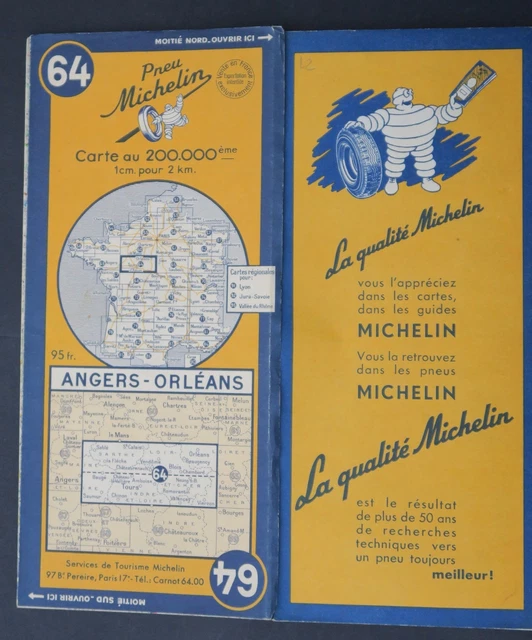 CARTE MICHELIN OLD map n°64 ANGERS ORLEANS 1953 Guide Bibendum pneu ...