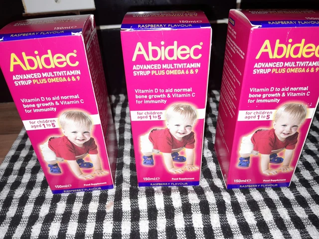 3 X 150ML abidec advanced multivitamin syrup x omega 6 + 9 raspberry bb ...