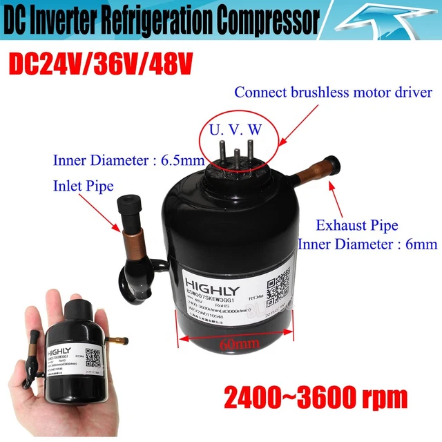MINI BRUSHLESS DC Compressor 24V/36V/48V R134a Inverter Refrigeration ...