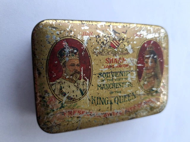 ANTIQUE KING GEORGE Queen Mary Visit to Manchester Tin, Rowntree Cocoa ...