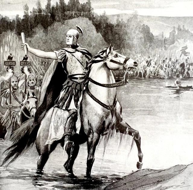 CAESAR CROSSING THE Rubicon River 1913 Roman Plate Print 2 Page History ...