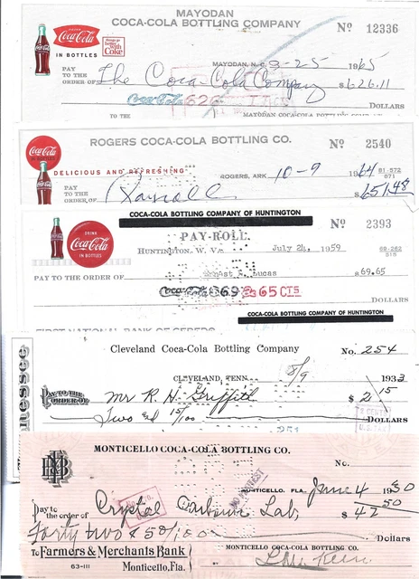 5 DIFFERENT COCA-COLA Checks Assorted Dates And Designs August - 22- 1 ...