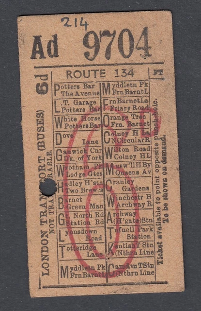 OLD BUS TICKET London Transport Buses 6d Route 134 Potters Bar The ...
