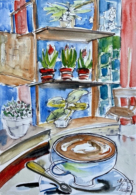 ORIGINAL AQUARELL GEMÄLDE Modernismus Warschau Café Interieur #4 EUR 101,99 - PicClick DE