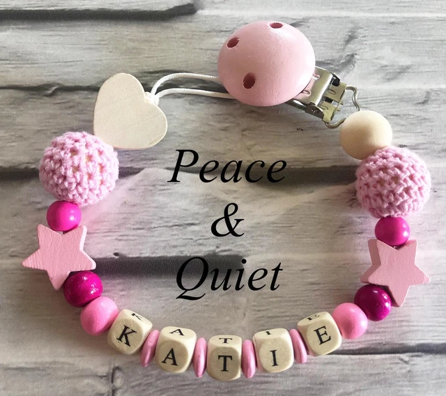 PERSONALISED DUMMY CLIP💎WOODEN💗CROCHET, Pink 💗heart 💗girls 💗 Star £7.99 ...