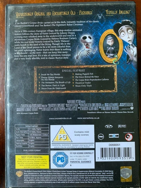 CORPSE BRIDE DVD 2005 Tim Burton Dessin Animé Gothique Halloween ...