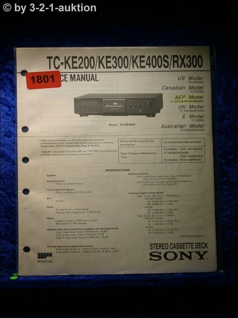 SONY SERVICE MANUAL TC KE200 / KE300 / KE400S / RX300 Cassette Deck ...