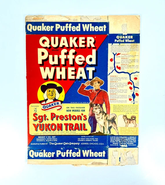 VINTAGE 1950S QUAKER Puffed Wheat Cereal Box Sgt Preston Yukon Trail ...