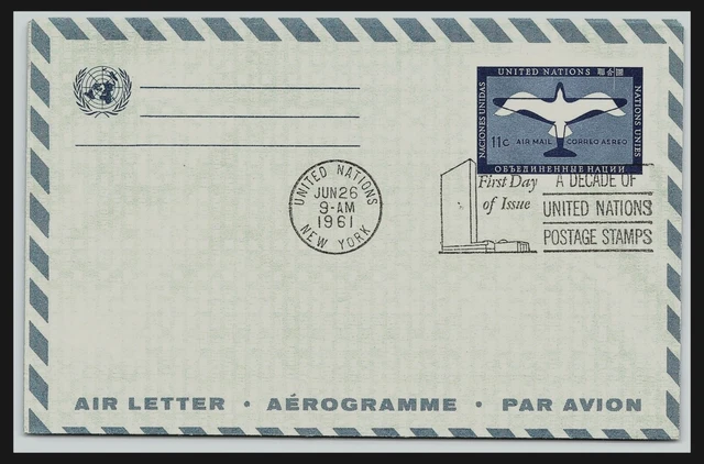 UNITED NATIONS NY Air Letter Aerogram FDC Pre Stamped Envelope 1961 ...