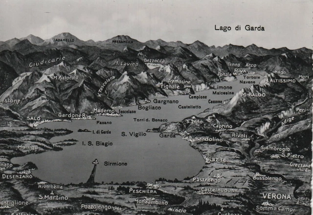 AK MAP, LANDKARTE, Panoramakarte **LAGO DI GARDA - GARDASEE** s/w EUR 1 ...