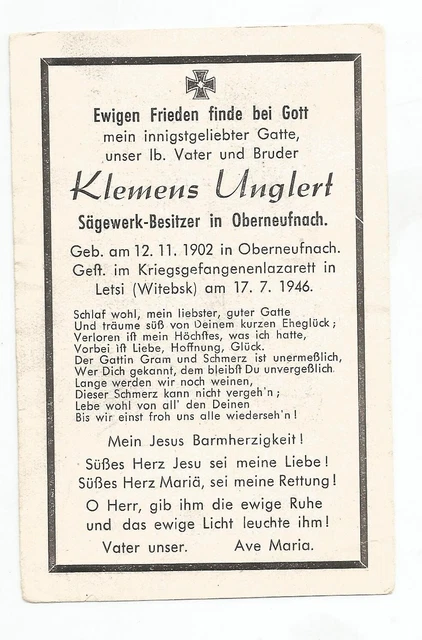 GERMAN WW2 -- Soldier Death Card * ORIGINAL * Prisoner Of War - 1946 £9 ...