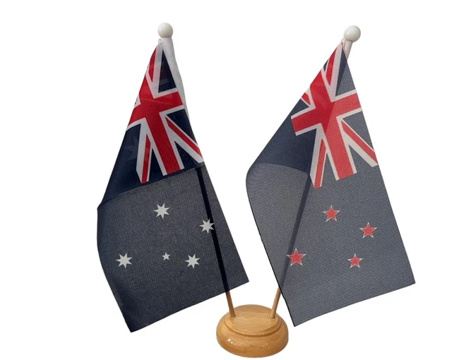 AUSTRALIA FLAG & New Zealand Flag 2 x Desk Table Flags Wooden Pole ...
