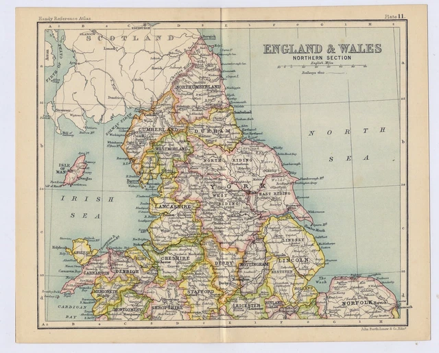 1912 ANTIQUE MAP Of Northern England / York / Wales / Verso Manchester ...