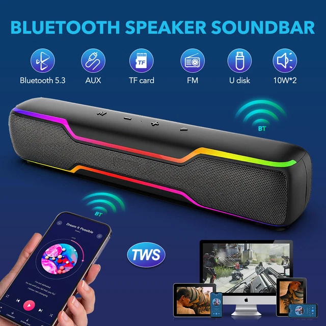 TWS BLUETOOTH SPEAKER PC RGB Gaming Soundbar 3.5mm Aux Desktop Computer ...