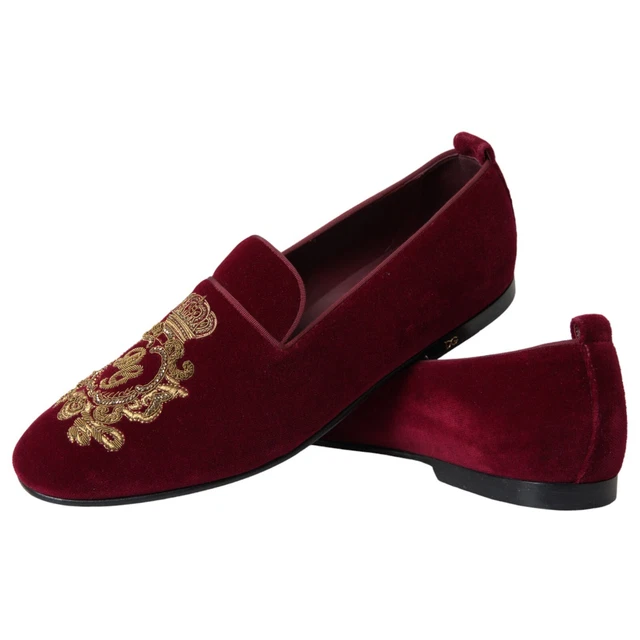 DOLCE & GABBANA Chaussures Rouge Velours Couronne Or Logo Mocassins S ...