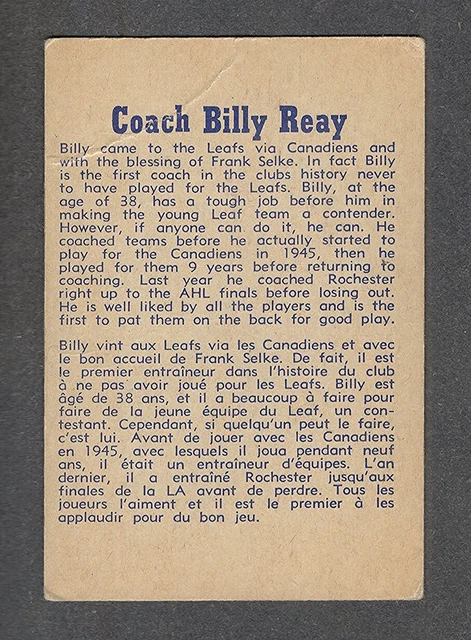 1957-58 BILLY REAY T#25 Porte Parkhurst. Carte de hockey vintage Maple ...