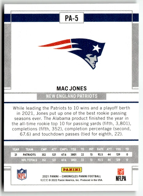 PANINI 2021 CHRONICLES NFL No. PA-5 Mac Jones Novato Rosa Paralelo EUR ...