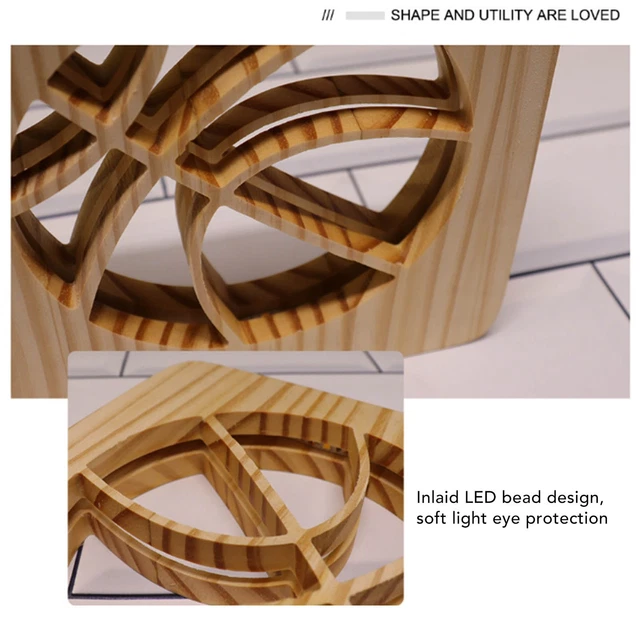 CAT HEART PATTERN Night Light Front Back Hollow Wooden 3D LED Bedside ...