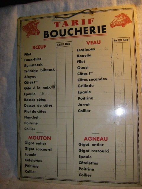 ANCIEN PANNEAU AFFICHAGE tarifs de boucherie,boeuf, veau 1950,60 EUR 39,50 - PicClick FR