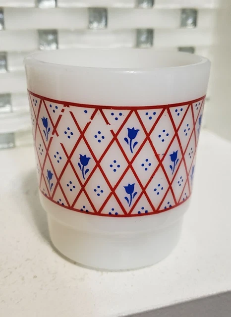 VINTAGE TERMOCRISA MEXICO 25 White Milk Glass Mug Cup Blue Tulip Red ...