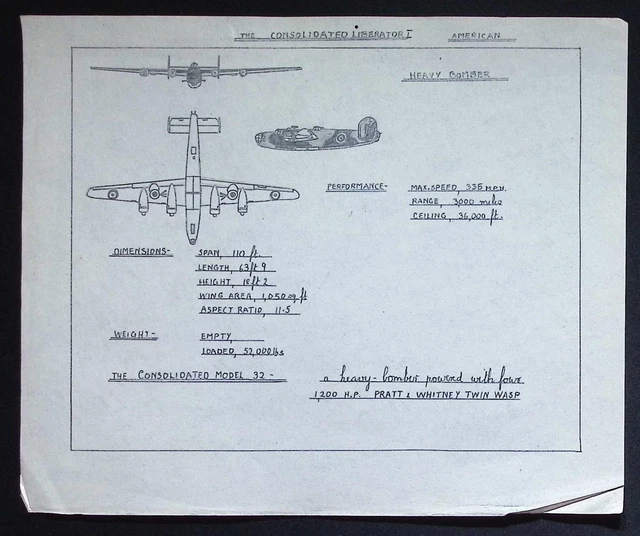 ORIGINAL WWII CONSOLIDATED B-24 Liberator Recognition Drawing ...
