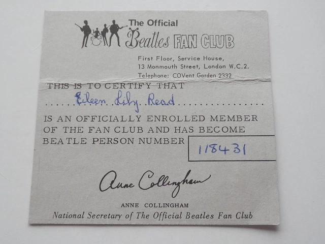 THE BEATLES ORIGINAL 1967-1969 Beatles Fan Club Membership Card 118431 ...
