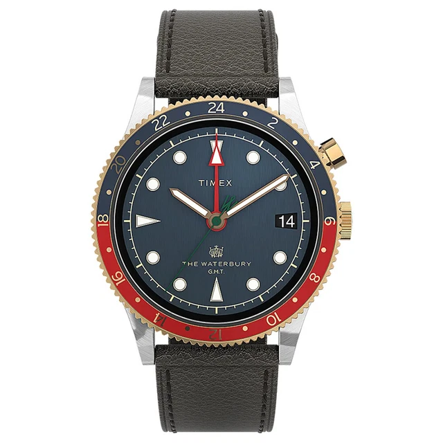 TIMEX WATERBURY TRADITIONAL GMT Blue Red Gold Bezel 39mm Watch ...