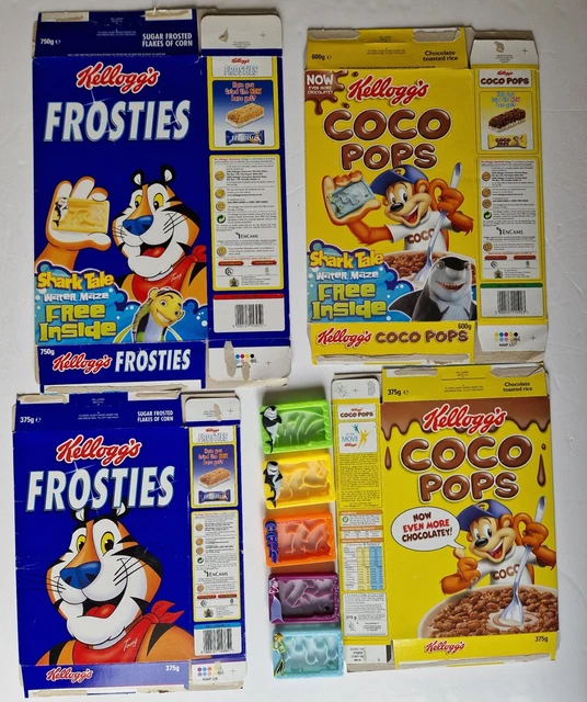 2004 KELLOGGS CEREAL Coco Pops Shark Tales Water Maze Set & 4 Packet ...