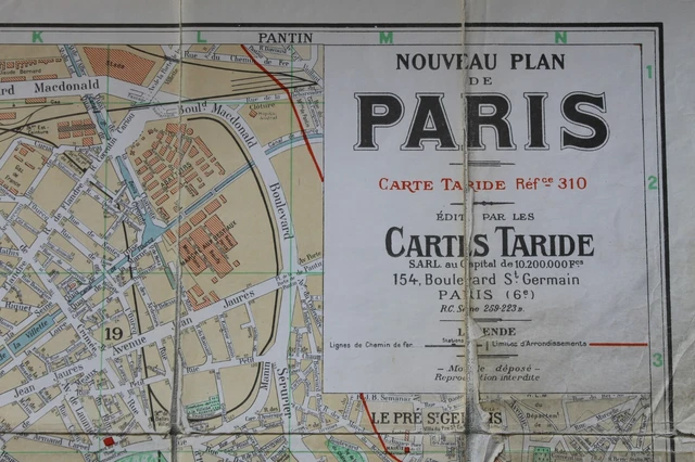 1956 PLAN, MAP Paris, Cartes Taride. Ref 310, vintage in original slip ...