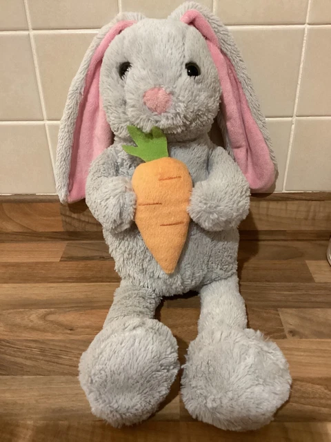 PLUSH GREY BUNNY Rabbit Holding Carrot Pink Ears 18” Soft Easter Toy £7 ...