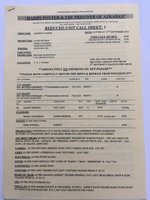 HARRY POTTER CALL Sheet Film Movie Prop Production No 1 £24.00 ...