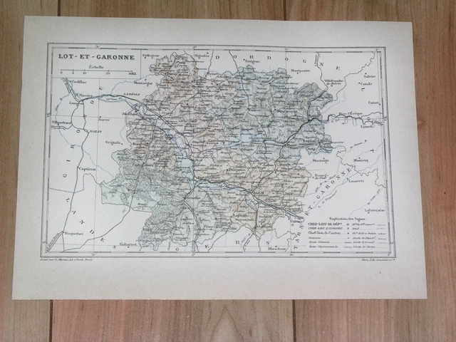 1887 ANTIQUE ORIGINAL Map Of Department Of Lot-Et-Garonde Agen / France ...