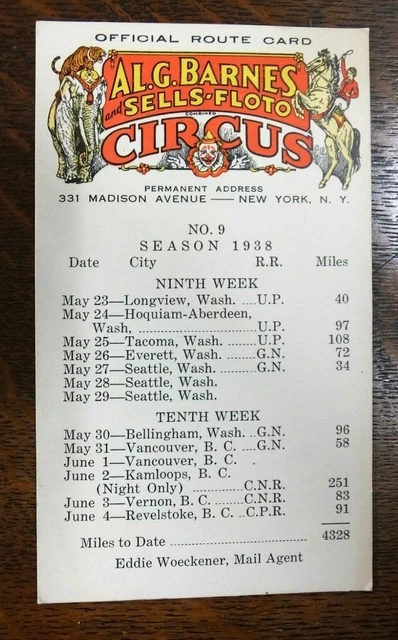 AL.G. BARNES AND SELLS FLOTO CIRCUS OFFICIAL ROUTE CARD 1938 EUR 20,74 ...