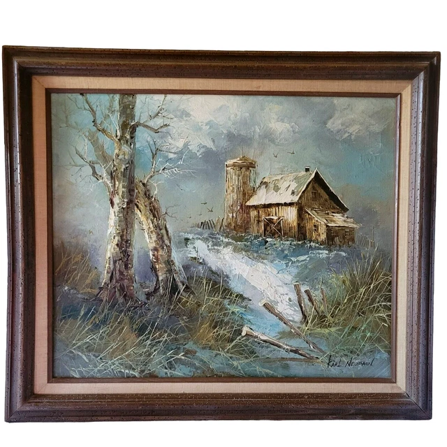 ARTIST KARL NEUMANN Signed Oil Painting Farm Barn Silo Snow Birch Trees ...